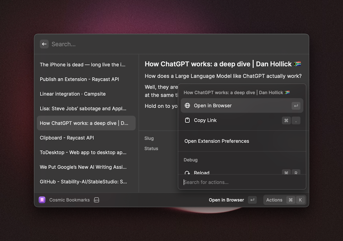 Raycast Bookmarks with Cosmic | Cosmic